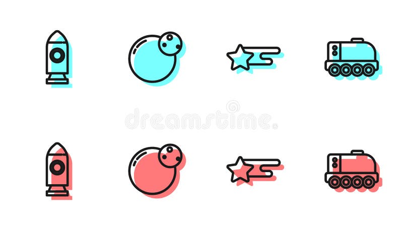 Set Line Falling Star, Rocket Ship, Planet and Mars Rover Icon. Vector ...