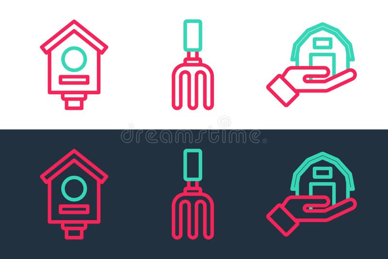 Set Line Farm House in Hand, Bird and Garden Rake Icon. Vector Stock ...
