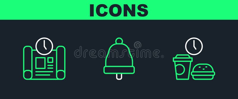 Set Line Fast Food Time, Project Plan and Ringing Bell Icon. Vector ...