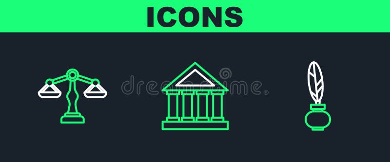 Set Line Feather and Inkwell, Scales of Justice and Courthouse Building ...