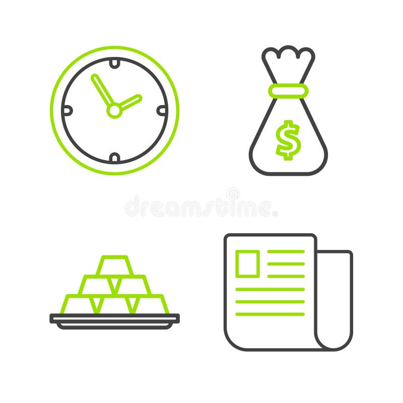 Set Line File Document, Gold Bars, Money Bag and Clock Icon. Vector ...