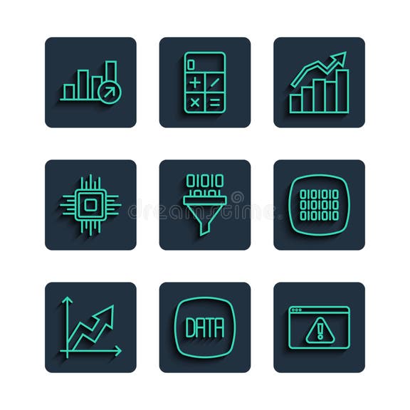 Set Line Financial Growth, Data Analysis, Browser with Exclamation Mark, Binary Code, Processor ...