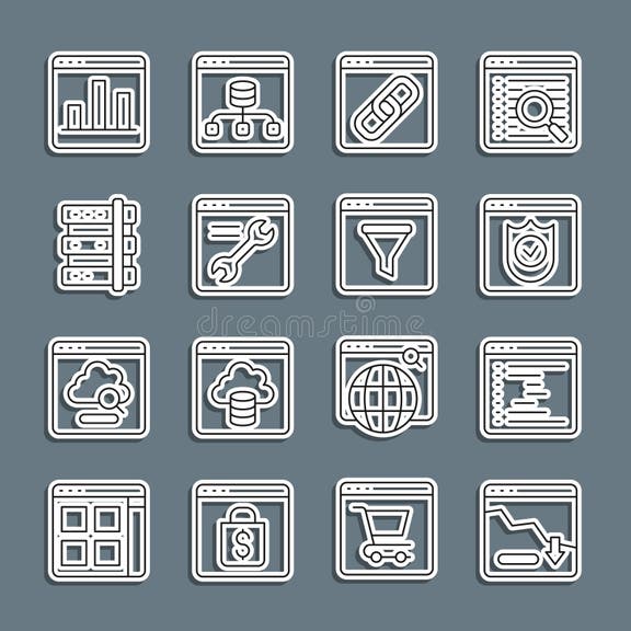 Set Line Financial Growth Decrease, Browser Window, with Shield, Setting, Server, Graph Chart ...