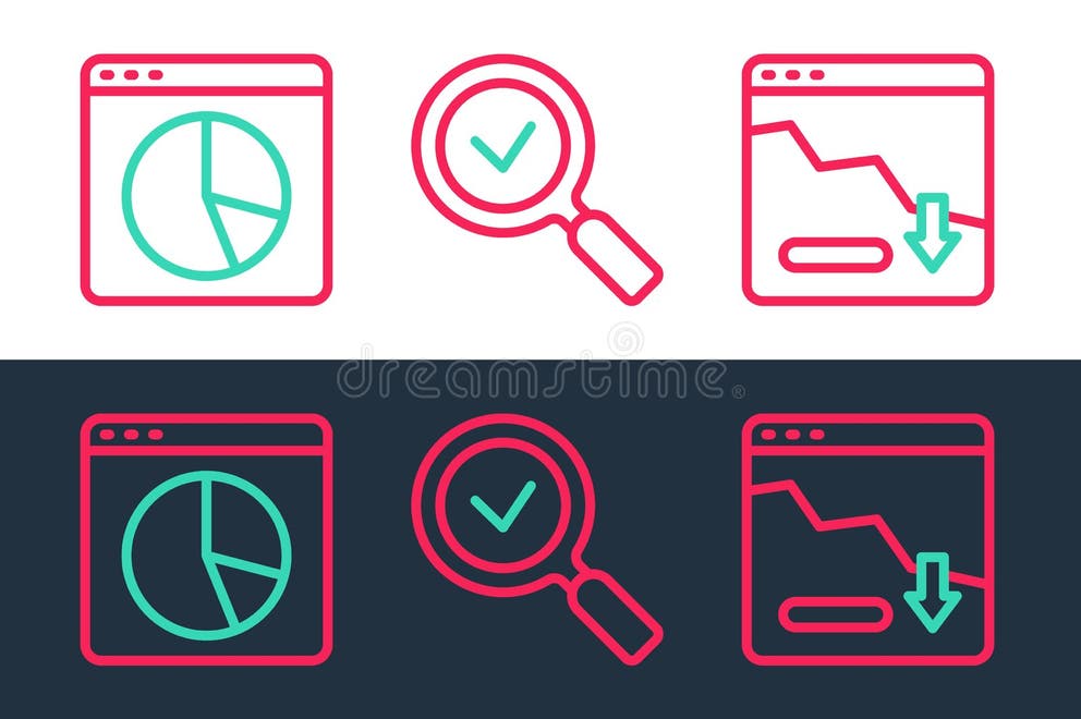 Set Line Financial Growth Decrease, Graph Chart Infographic and Magnifying Glass with Check Mark ...