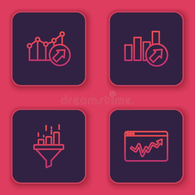 Set Line Financial Growth, Sales Funnel with Chart, and Graph Infographic. Blue Square Button ...