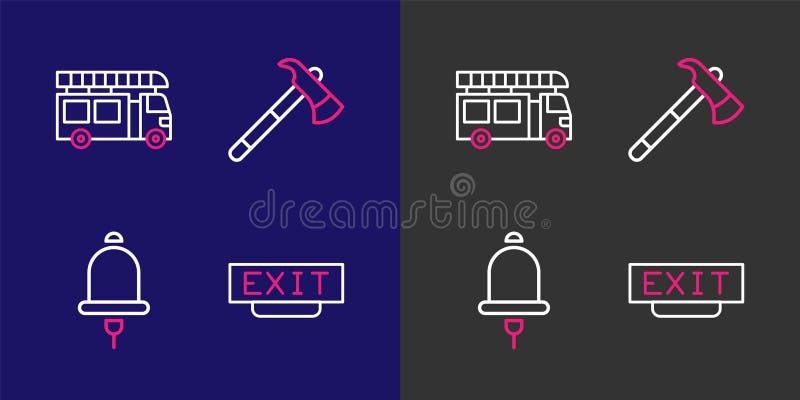 Set Line Fire Exit, Ringing Alarm Bell, Firefighter Axe and Truck Icon ...