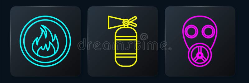 Set Line Fire Flame, Gas Mask and Fire Extinguisher. Black Square ...