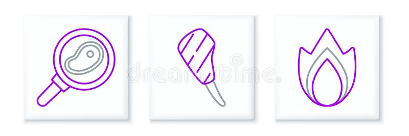 Set Line Fire Flame, Steak Meat in Frying Pan and Rib Eye Steak Icon ...