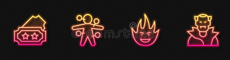 Set Line Fire Flame, Ticket, Voodoo Doll and Vampire. Glowing Neon Icon ...