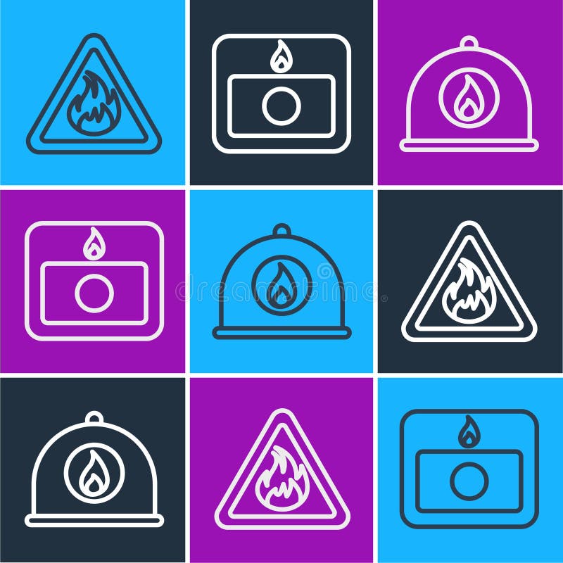 Set Line Fire Flame in Triangle, Firefighter Helmet and Fire Alarm ...