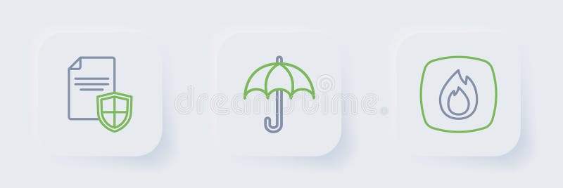 Set Line Fire Flame, Umbrella and Contract with Shield Icon. Vector ...