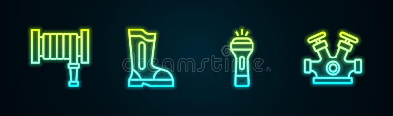 Set Line Fire Hose Reel, Boots, Flashlight and Hydrant. Glowing Neon ...
