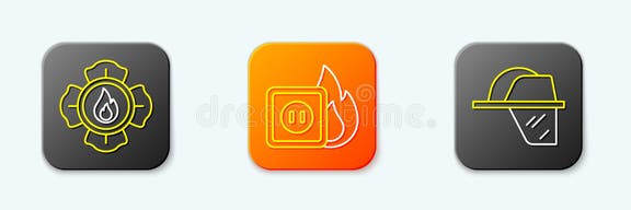 Set Line Firefighter, Electric Wiring of Socket in Fire and Helmet Icon ...