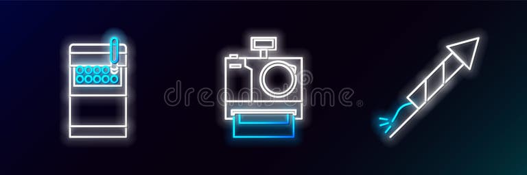 Set Line Firework Rocket, Open Cigarettes Pack Box and Photo Camera ...