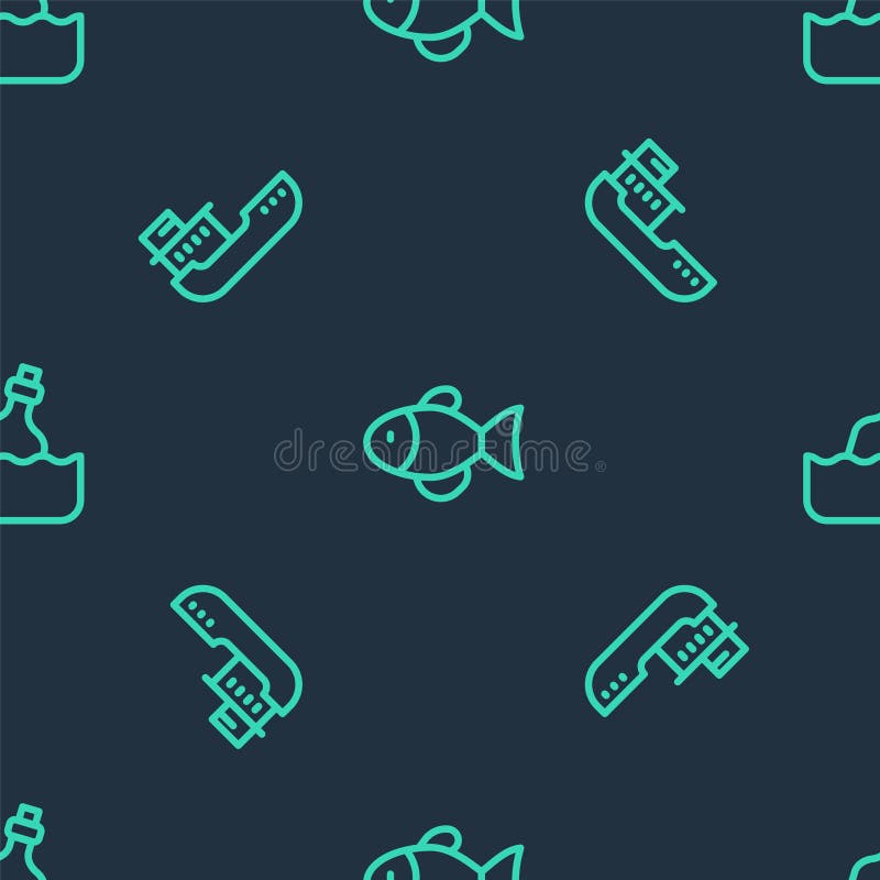 Set Line Fish, Cargo Ship and Bottle with Message in Water on Seamless ...