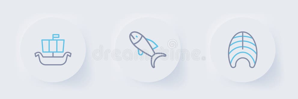 Set Line Fish Steak, and Viking Ship Drakkar Icon. Vector Stock ...