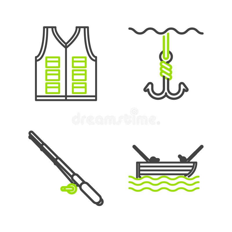 Set Line Fishing Boat with Fishing Rod on Water, Hook Under and Jacket ...