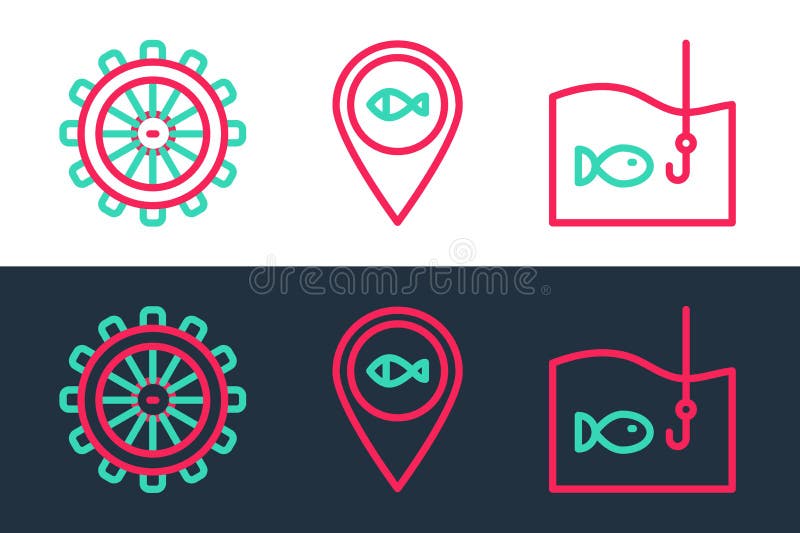 Set Line Fishing Hook with Fish, Ship Steering Wheel and Location ...