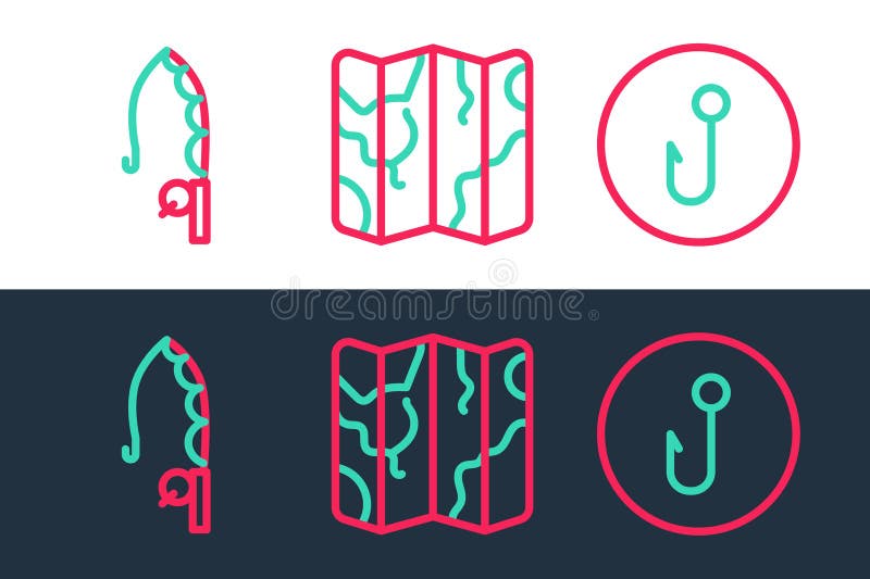 Set Line Fishing Hook, Rod and Folded Map Icon. Vector Stock ...