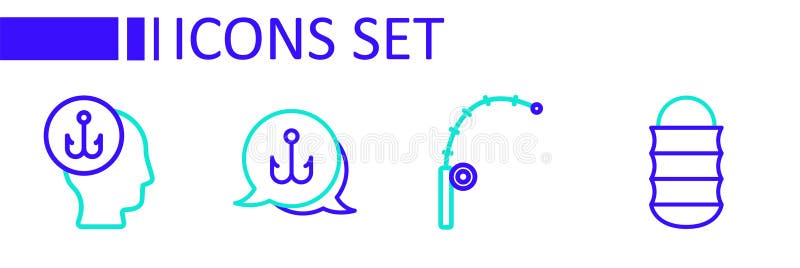 Set Line Fishing Net, Rod, Hook and Camping Folding Chair Icon. Vector ...