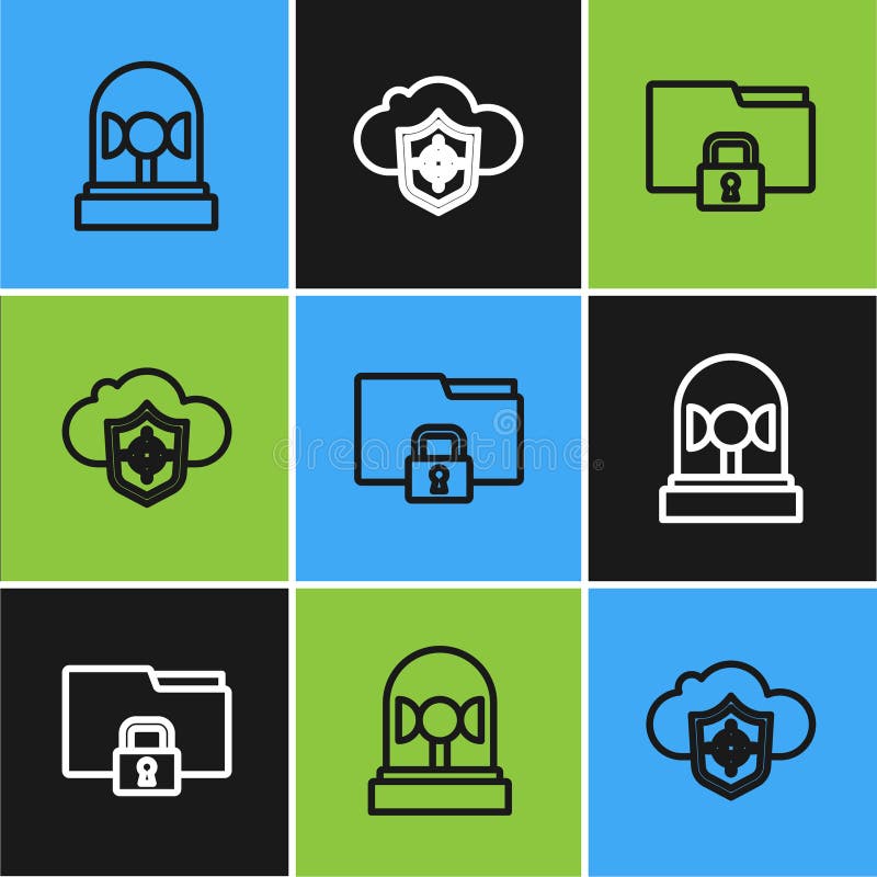 Set Line Flasher Siren, Folder and Lock and Cloud Shield Icon. Vector ... Set Line Flasher Siren, Folder and Lock and Cloud Shield Icon. Vector ...