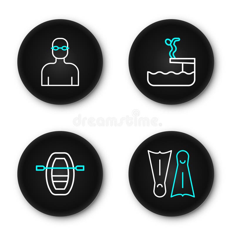 Set Line Flippers for Swimming, Boat with Oars, Swimmer Diving into ...