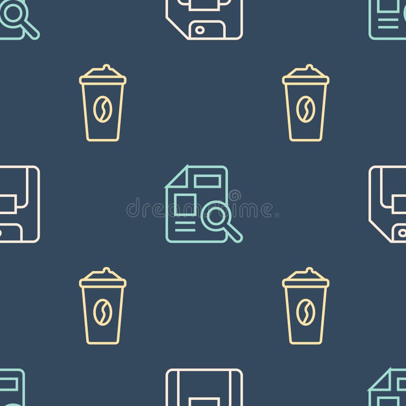 Set Line Floppy Disk, Coffee Cup To Go and Document with Graph Chart on ... Set Line Floppy Disk, Coffee Cup To Go and Document with Graph Chart on ...