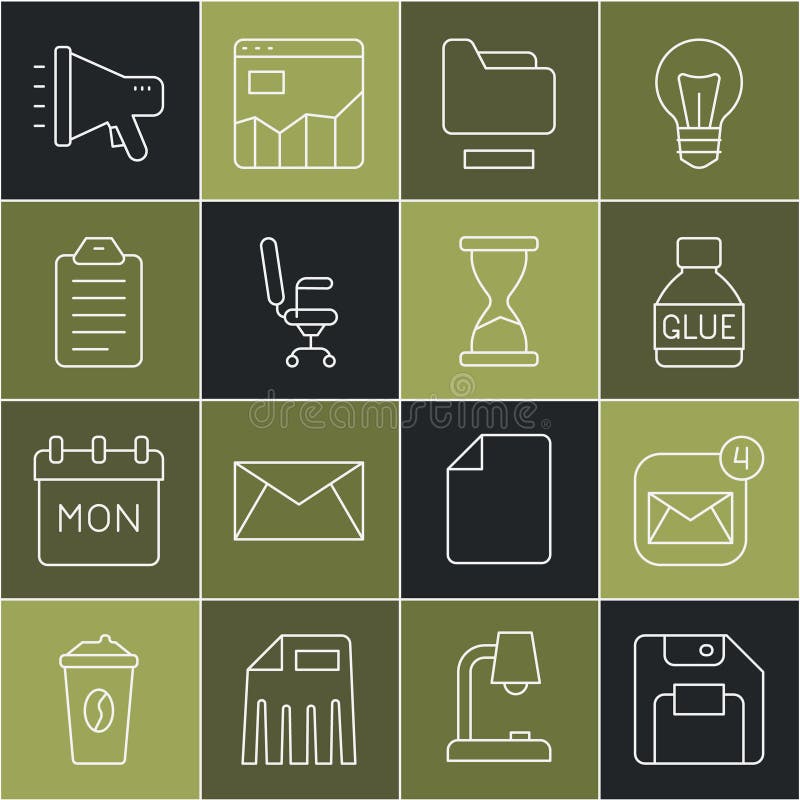 Set Line Floppy Disk, Envelope, Glue, Document Folder, Office Chair, To ... Set Line Floppy Disk, Envelope, Glue, Document Folder, Office Chair, To ...