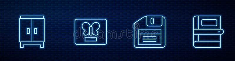 Set Line Floppy Disk, Wardrobe, Butterfly in Frame and Book. Glowing ... Set Line Floppy Disk, Wardrobe, Butterfly in Frame and Book. Glowing ...