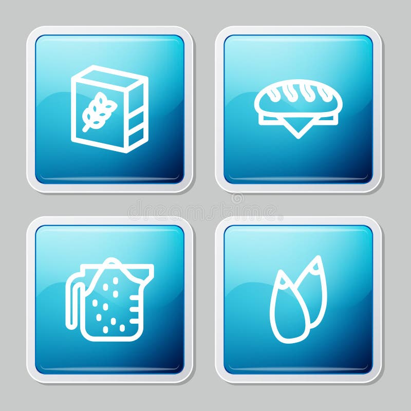 Set Line Flour Pack, Bread Loaf, Measuring Cup and Seed Icon. Vector ...