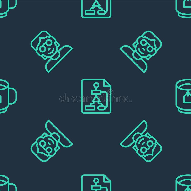 Set Line Flowchart Hacker Or Coder And Cup Of Tea With Tea Bag On Seamless Pattern Vector