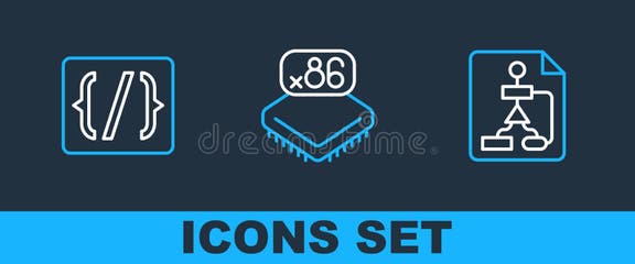 Set Line Flowchart, Programming Language Syntax and Processor with Microcircuits CPU Icon ...