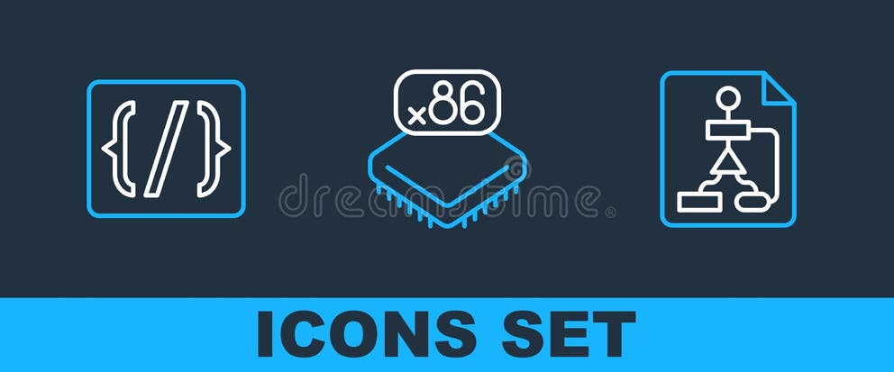 Set Line Flowchart, Programming Language Syntax and Processor with Microcircuits CPU Icon ...