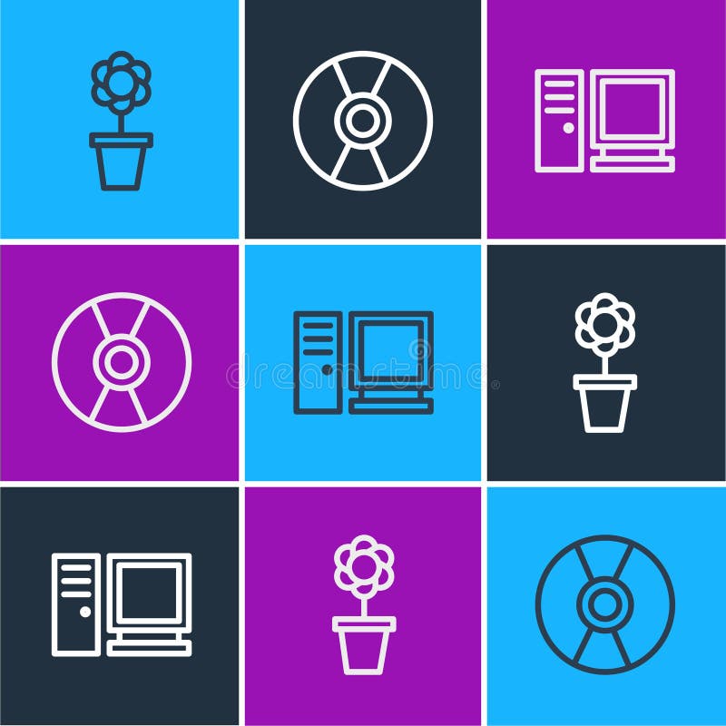 Set Line Flower in Pot, Computer Monitor and CD DVD Disk Icon. Vector ...