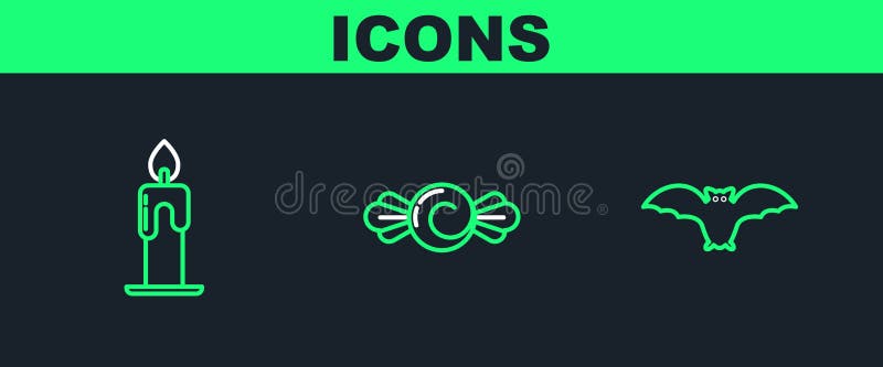 Set Line Flying Bat, Burning Candle and Candy Icon. Vector Stock ...