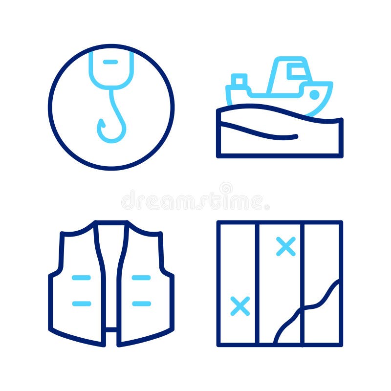 Set Line Folded Map, Fishing Jacket, Boat on Water and Hook Icon ...