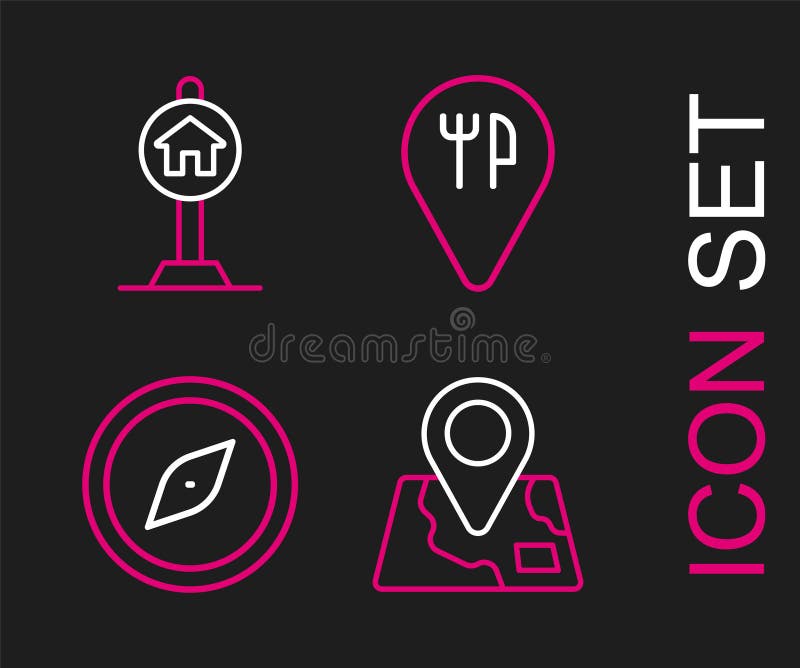 Set Line Folded Map with Location Marker, Compass, Cafe and Restaurant ...