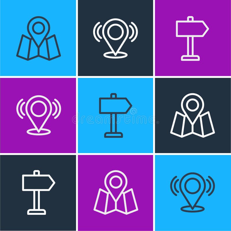 Set Line Folded Map with Location Marker, Road Traffic Sign and Map Pin ...