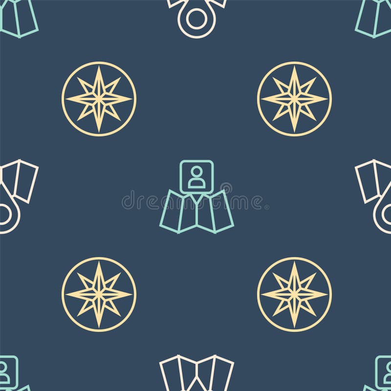 Set Line Folded Map with Location Marker, Wind Rose and on Seamless ...