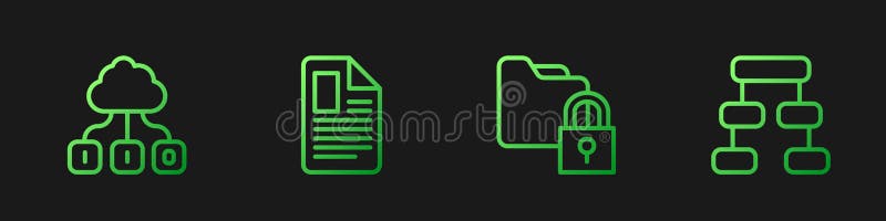 Set Line Folder and Lock, Cloud Technology Data Transfer, File Document and Hierarchy Organogram ...