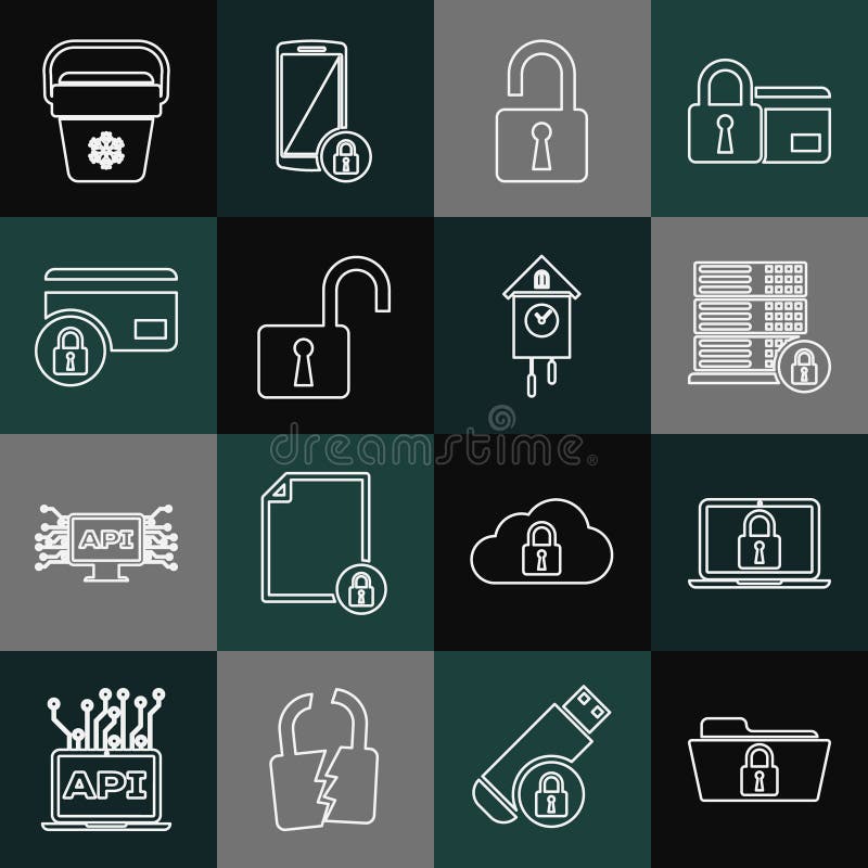 Set Line Folder and Lock, Laptop, Server Security with, Open Padlock, Credit Card, Cooler Bag ...