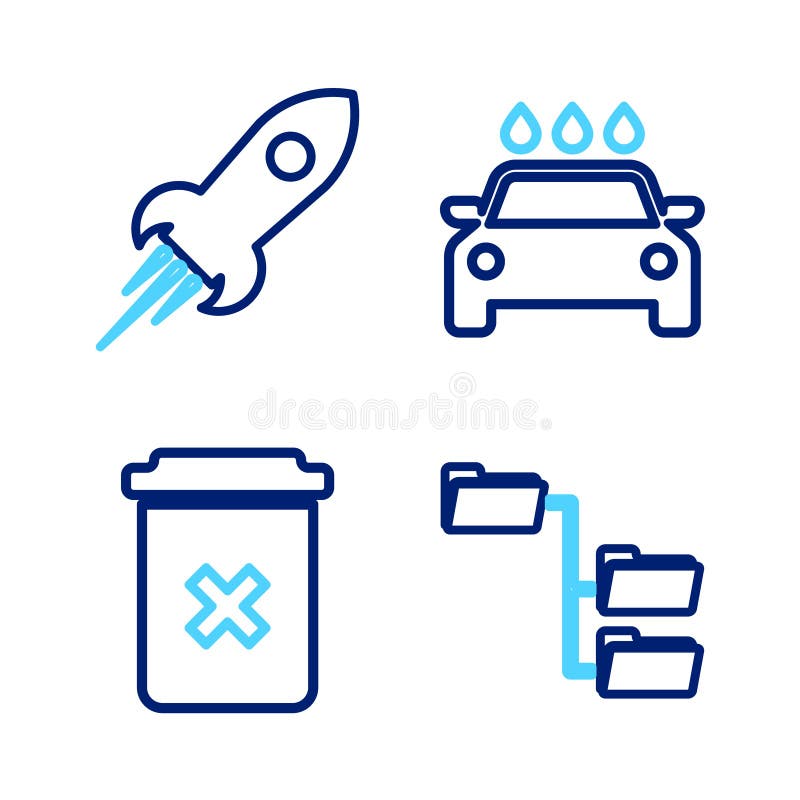 Set Line Folder Tree, Trash Can, Car Wash and Rocket Ship with Fire ... Set Line Folder Tree, Trash Can, Car Wash and Rocket Ship with Fire ...