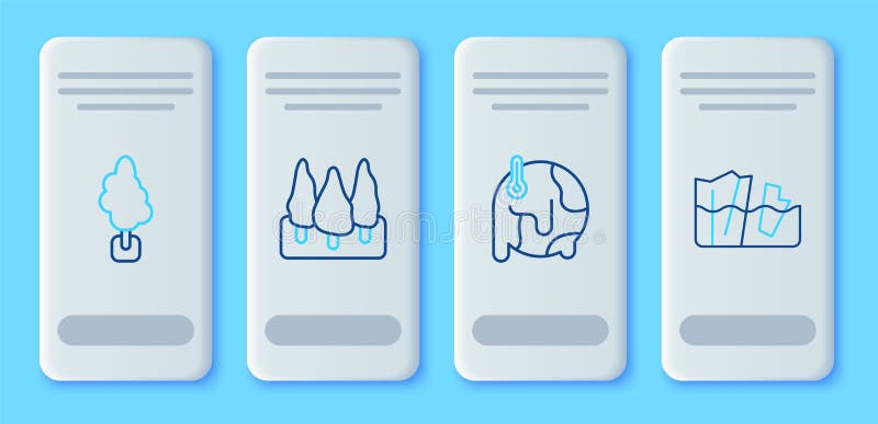 Set Line Forest, Global Warming, Tree and Glacier Melting Icon. Vector ...