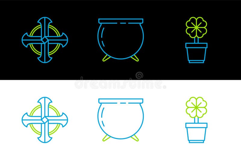 Set Line Four Leaf Clover in Pot, Celtic Cross and Witch Cauldron Icon ...