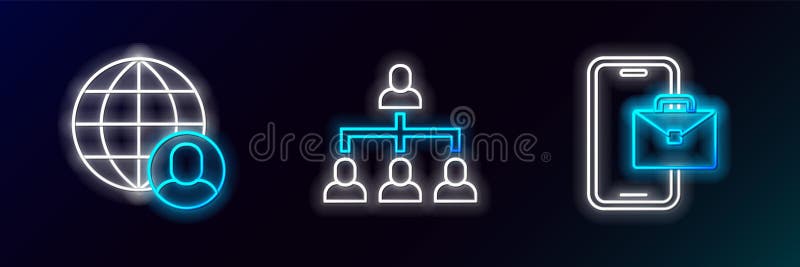 Set Line Freelancer, and Hierarchy Organogram Chart Icon. Glowing Neon ... Set Line Freelancer, and Hierarchy Organogram Chart Icon. Glowing Neon ...