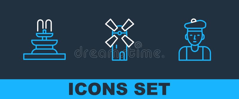 Set Line French Man, Fountain and Windmill Icon. Vector Stock ...
