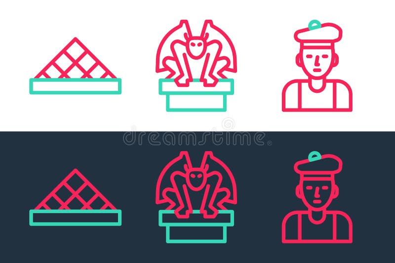Set Line French Man, Louvre Museum and Gargoyle on Pedestal Icon ... Set Line French Man, Louvre Museum and Gargoyle on Pedestal Icon ...