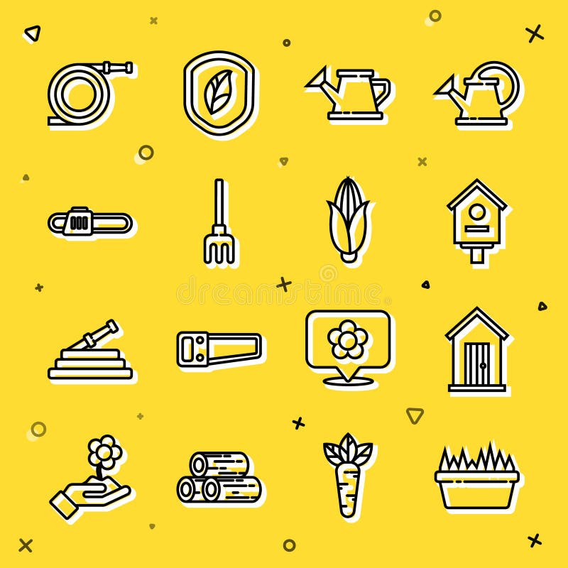 Set Line Fresh Grass in a Rectangular, Farm House, Bird, Watering Can ...