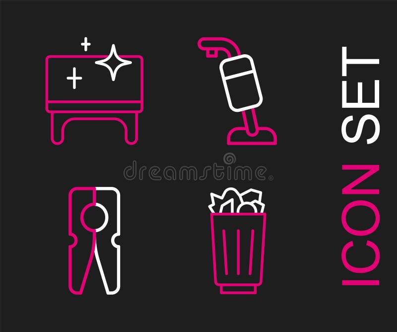 Set Line Full Trash Can, Clothes Pin, Vacuum Cleaner and Clean Table ...