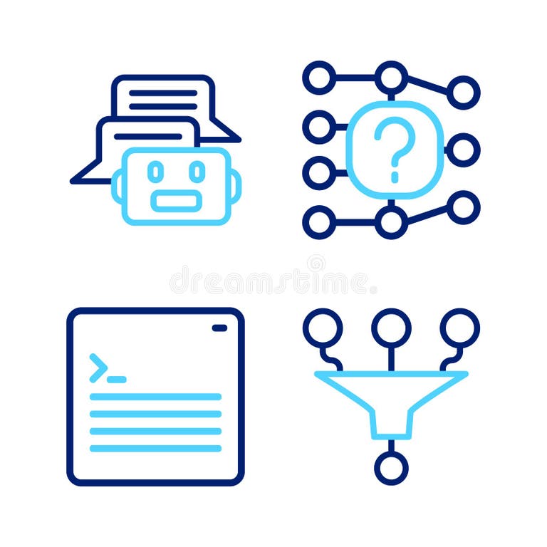 Set Line Funnel or Filter, Web Developer Programming Code, Neural Network and Chat Bot Icon ...